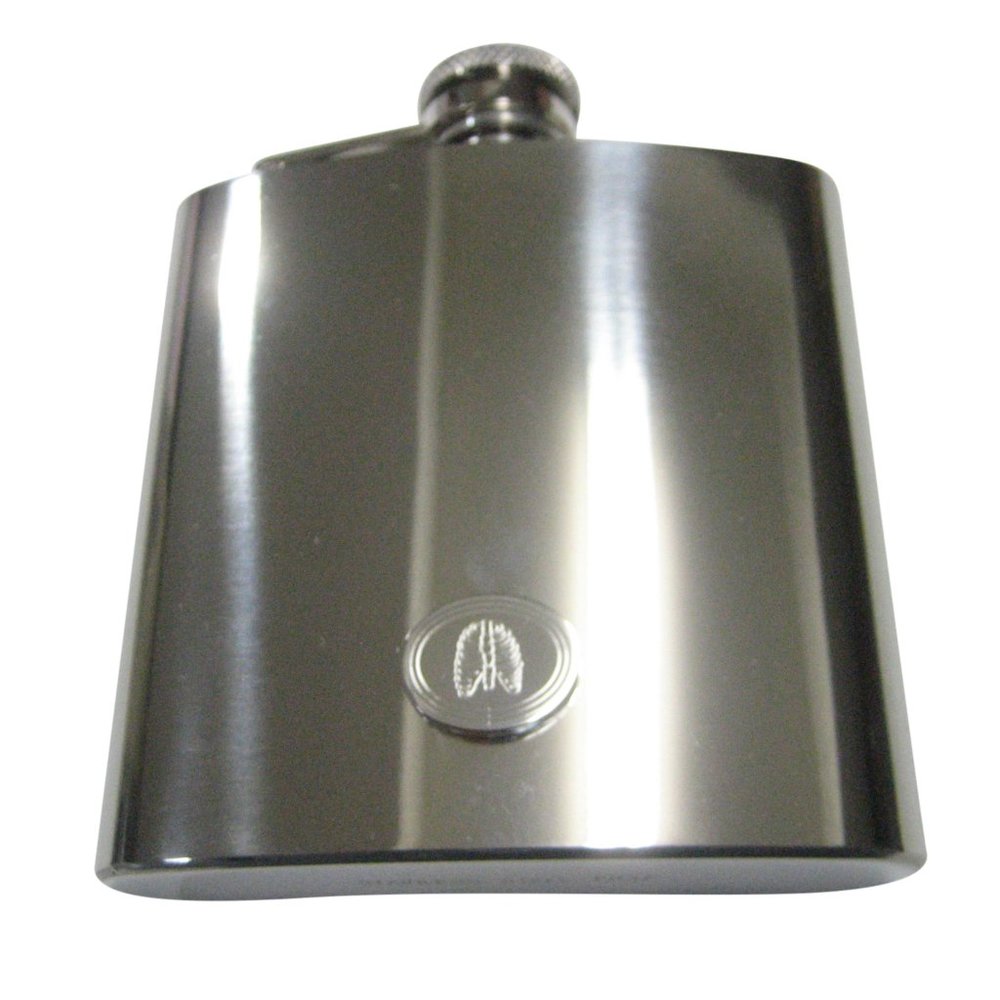 Silver Toned Oval Etched Anatomical Rib Cage 6oz Flask - Gem